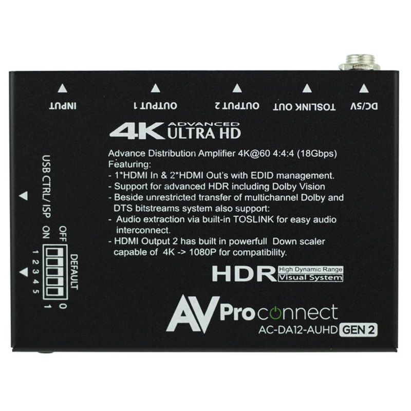 AVProEdge AC-DA12-AUHD-GEN2 HDMI 1x2 18 GBPS Splitter w/HDR & EDID Mgmt ...